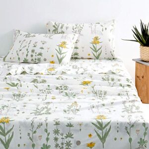 wake in cloud - botanical sheet set, yellow flowers and green leaves floral garden pattern printed on white, soft microfiber bedding (4pcs, queen size)