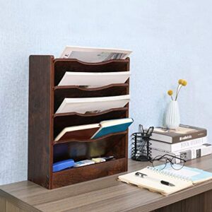 PAG 5-Tier Wall File Holder Hanging Mail Organizer Wood Magazine Literature Rack with 6 Hooks, Brown