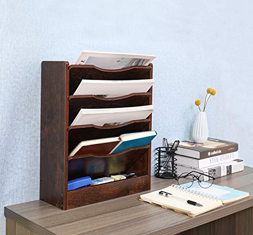 PAG 5-Tier Wall File Holder Hanging Mail Organizer Wood Magazine Literature Rack with 6 Hooks, Brown