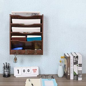 PAG 5-Tier Wall File Holder Hanging Mail Organizer Wood Magazine Literature Rack with 6 Hooks, Brown