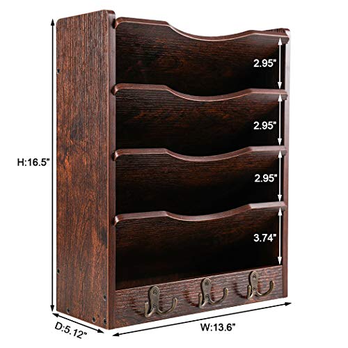 PAG 5-Tier Wall File Holder Hanging Mail Organizer Wood Magazine Literature Rack with 6 Hooks, Brown