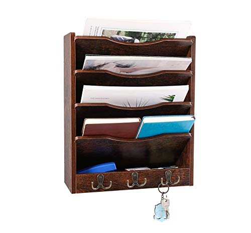 PAG 5-Tier Wall File Holder Hanging Mail Organizer Wood Magazine Literature Rack with 6 Hooks, Brown