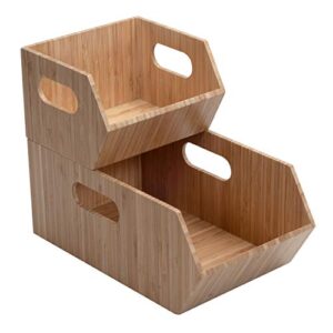 bamboo storage bins for pantry & kitchen cabinet organizer multi-purpose 2 pc stackable set for canned goods, vegetables, pouches, boxed meals & more