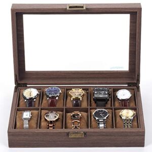 READAEER 12 Slot PU Leather Watch Box Organizer Watch Case with Glass Top