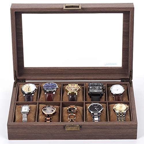 READAEER 12 Slot PU Leather Watch Box Organizer Watch Case with Glass Top