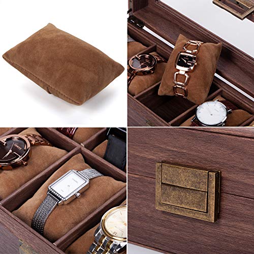 READAEER 12 Slot PU Leather Watch Box Organizer Watch Case with Glass Top