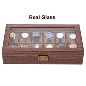 READAEER 12 Slot PU Leather Watch Box Organizer Watch Case with Glass Top