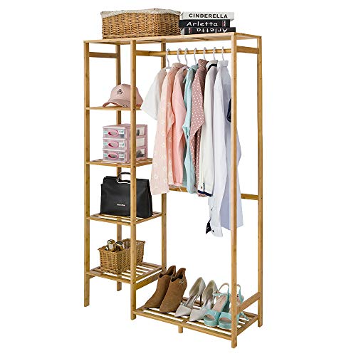 COOGOU Bamboo Wood Clothing Garment Rack with Shelves Clothes Hanging Rack Stand for Child Kids Adults Cloth Shoe Coat Storage Organizer Shelf in Entryway Office Shop Laundry Corner Space Saving