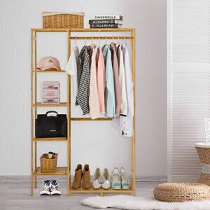 COOGOU Bamboo Wood Clothing Garment Rack with Shelves Clothes Hanging Rack Stand for Child Kids Adults Cloth Shoe Coat Storage Organizer Shelf in Entryway Office Shop Laundry Corner Space Saving