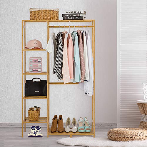 COOGOU Bamboo Wood Clothing Garment Rack with Shelves Clothes Hanging Rack Stand for Child Kids Adults Cloth Shoe Coat Storage Organizer Shelf in Entryway Office Shop Laundry Corner Space Saving