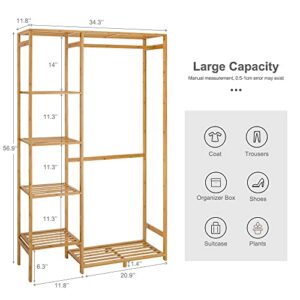 COOGOU Bamboo Wood Clothing Garment Rack with Shelves Clothes Hanging Rack Stand for Child Kids Adults Cloth Shoe Coat Storage Organizer Shelf in Entryway Office Shop Laundry Corner Space Saving