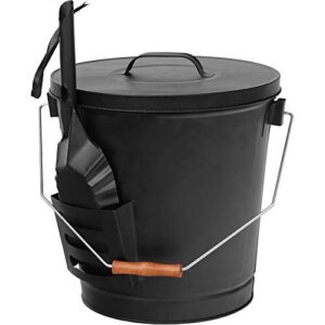 f2c ash bucket with lid and shovel 5.15 gallon large galvanized metal coal and hot ash pail for fireplace, fire pits, wood burning stoves, grill, outdoor, black