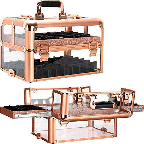 Ver Beauty Art Craft Armored Easy Slide Tray Professional Cosmetic Makeup Nail Tattoo Case Storage Tool Box with Foundation Holder, Rose Gold Acrylic