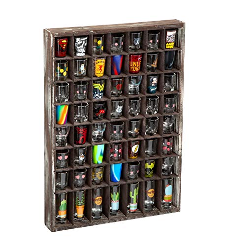 J JACKCUBE DESIGN - Rustic Wood Shot Glasses Display Case 56 Compartments Wall Mount Pint glass Shadow box Bar Cabinet Collection Freestanding - MK524A