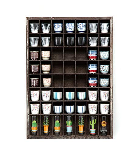 J JACKCUBE DESIGN - Rustic Wood Shot Glasses Display Case 56 Compartments Wall Mount Pint glass Shadow box Bar Cabinet Collection Freestanding - MK524A