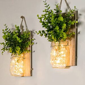 rustic wall sconces, mason jar sconces, farmhouse home decor, led fairy lights, green fake plant, interior decoration warm toned lighting. (2 pack)