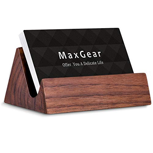 MaxGear Wood Business Card Holder Desk Business Card Holder Stand Wooden Business Card Display Holders for Desktop Business Cards Stand for Office and Home, Walnut，3.8x2.6x1.8 in, Mountain