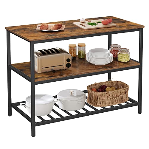 VASAGLE Kitchen Island with 3 Shelves, 47.2 Inches Kitchen Shelf with Large Worktop, Stable Steel Structure, Industrial, Easy to Assemble, Rustic Brown and Black UKKI01BX