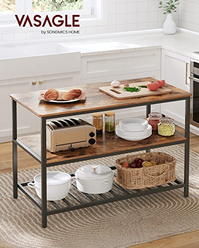 VASAGLE Kitchen Island with 3 Shelves, 47.2 Inches Kitchen Shelf with Large Worktop, Stable Steel Structure, Industrial, Easy to Assemble, Rustic Brown and Black UKKI01BX