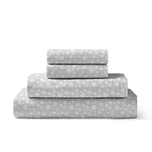 Brielle Home Flannel Sheet Set Cotton Soft Warm & Cozy Modern Chic with Elastic Deep Pockets, Queen, Snowflake Light Grey