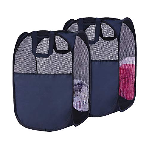 SPINFOX Pop Up Collapsible Laundry Baskets, 2 Pack Foldable Mesh Popup Laundry Hamper with Reinforced Carry Handles, Mesh Laundry Basket for Kids Room College Dorm or Travel(Blue)