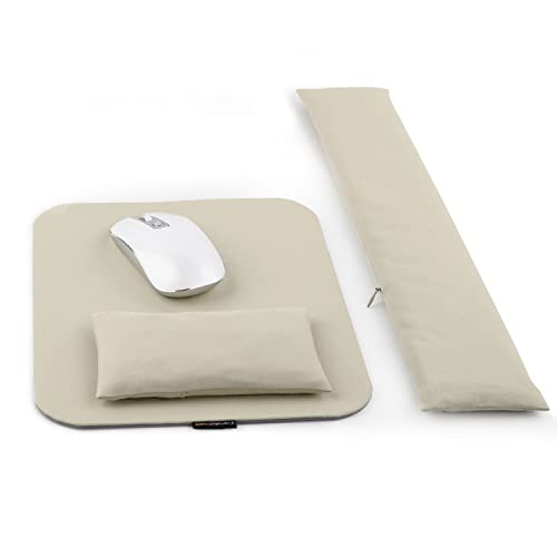 Large Mouse Pad with Wrist Support and Keyboard Wrist Rest Bean Bag Set, Ergonomic Mouse and Keyboard Arm Rest Cushion Filled Ergo Beads, Easy Typing Office (Light Khaki)