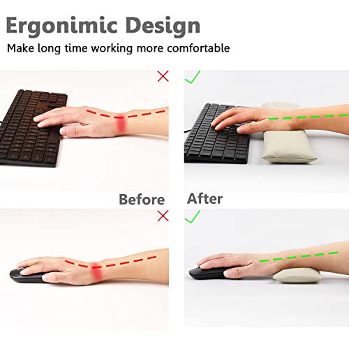 Large Mouse Pad with Wrist Support and Keyboard Wrist Rest Bean Bag Set, Ergonomic Mouse and Keyboard Arm Rest Cushion Filled Ergo Beads, Easy Typing Office (Light Khaki)