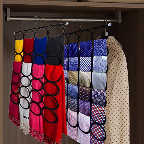 Scarf Hanger ~ Multiple Purpose Holder for Closet ~ Clutter Removing and Space-Saving Hanger for Scarves, Shawl, Belts & Accessories ~ Scarf Hanger 28 Rings (Black)