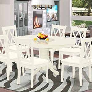 East-West Furniture AVCL7-LWH-C Dining Table Set- 6 Wonderful Wooden Chairs with Linen Fabric Seat - A Butterfly Leaf Pedestal Dining Table (Linen White Finish)