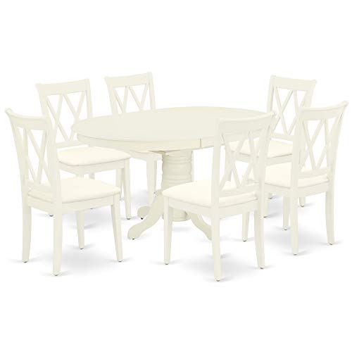 East-West Furniture AVCL7-LWH-C Dining Table Set- 6 Wonderful Wooden Chairs with Linen Fabric Seat - A Butterfly Leaf Pedestal Dining Table (Linen White Finish)