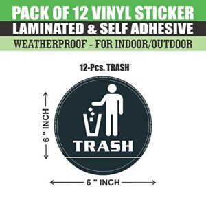 Trash Bin Can Sticker - (Pack of 12) 6" Large Round Laminated Vinyl Decals Recycle Can Bins Sign Labels