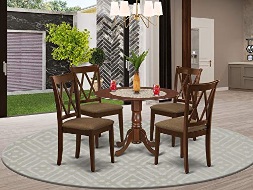 East West Furniture DLCL5-MAH-C 5-Pc Set Mahogany Finish-Two 9-inch Drops Leave and Pedestal Legs Modern Dining Table & 4 Double X-Back Wooden Chairs