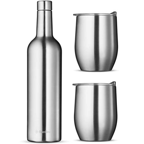 Wine Chiller Gift Set - Vacuum-Insulated Wine Bottle 750ml & Two Wine Tumbler With Lids 16oz. Made of Shatterproof 18/8 Stainless Steel & BPA-FREE Lids, Perfect Wineglasses for Travel, Picnic, Etc.