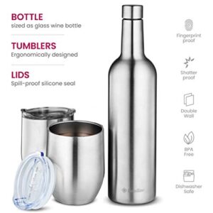 Wine Chiller Gift Set - Vacuum-Insulated Wine Bottle 750ml & Two Wine Tumbler With Lids 16oz. Made of Shatterproof 18/8 Stainless Steel & BPA-FREE Lids, Perfect Wineglasses for Travel, Picnic, Etc.