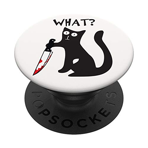 Cat What? Funny Black Cat Murderous Cat With Knife Halloween PopSockets Grip and Stand for Phones and Tablets