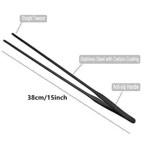 EvaGO 15 inch Black Straight Aquarium Tweezers Stainless Steel Straight Tweezer with Carbonation Protection Coating Against Rust Extra Long Reptiles Feeding Tongs Tools for Aquatic Tank Plants