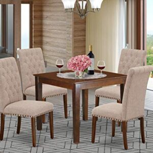 East West Furniture OXBR5-MAH-04 5Pc Dining Set Includes a Square Dinette Table and Four Parson Chairs with Light Fawn Fabric, Mahogany Finish, 5-piece