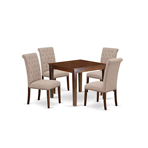 East West Furniture OXBR5-MAH-04 5Pc Dining Set Includes a Square Dinette Table and Four Parson Chairs with Light Fawn Fabric, Mahogany Finish, 5-piece