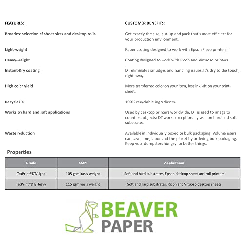 Beaver TexPrint DT Heavy - Replaces R - for Ricoh and Virtuoso All-Purpose High Release Sublimation Paper for Dye Transfer, SawGrass Approved Sublimation Transfer Paper, 11" x 17", 110 Sheet Pack