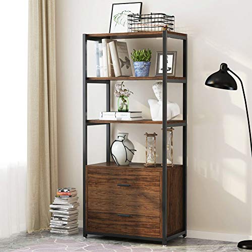 Tribesigns Bookcase, 4-Tier Rustic Bookshelf with 2 Drawers, Etagere Standard Book Shelves Display Shelf for Home Office