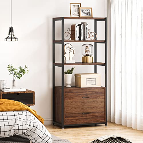 Tribesigns Bookcase, 4-Tier Rustic Bookshelf with 2 Drawers, Etagere Standard Book Shelves Display Shelf for Home Office