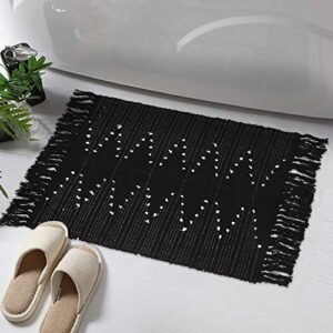 boho bathroom rug 2' x 3', kimode farmhouse black cotton woven small traffic area rug washable fringe tassels throw rug runner for kitchen bedroom laundry doorway