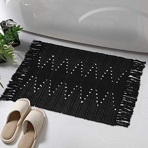 Boho Bathroom Rug 2' x 3', KIMODE Farmhouse Black Cotton Woven Small Traffic Area Rug Washable Fringe Tassels Throw Rug Runner for Kitchen Bedroom Laundry Doorway