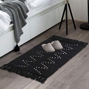 Boho Bathroom Rug 2' x 3', KIMODE Farmhouse Black Cotton Woven Small Traffic Area Rug Washable Fringe Tassels Throw Rug Runner for Kitchen Bedroom Laundry Doorway