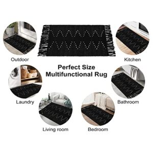 Boho Bathroom Rug 2' x 3', KIMODE Farmhouse Black Cotton Woven Small Traffic Area Rug Washable Fringe Tassels Throw Rug Runner for Kitchen Bedroom Laundry Doorway