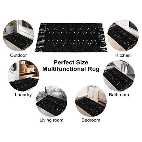 Boho Bathroom Rug 2' x 3', KIMODE Farmhouse Black Cotton Woven Small Traffic Area Rug Washable Fringe Tassels Throw Rug Runner for Kitchen Bedroom Laundry Doorway