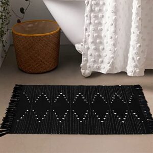 Boho Bathroom Rug 2' x 3', KIMODE Farmhouse Black Cotton Woven Small Traffic Area Rug Washable Fringe Tassels Throw Rug Runner for Kitchen Bedroom Laundry Doorway