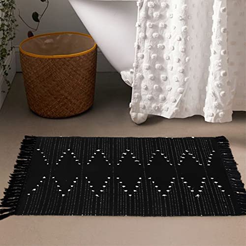 Boho Bathroom Rug 2' x 3', KIMODE Farmhouse Black Cotton Woven Small Traffic Area Rug Washable Fringe Tassels Throw Rug Runner for Kitchen Bedroom Laundry Doorway