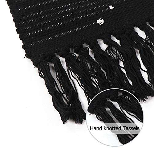 Boho Bathroom Rug 2' x 3', KIMODE Farmhouse Black Cotton Woven Small Traffic Area Rug Washable Fringe Tassels Throw Rug Runner for Kitchen Bedroom Laundry Doorway