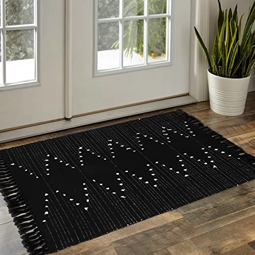 Boho Bathroom Rug 2' x 3', KIMODE Farmhouse Black Cotton Woven Small Traffic Area Rug Washable Fringe Tassels Throw Rug Runner for Kitchen Bedroom Laundry Doorway